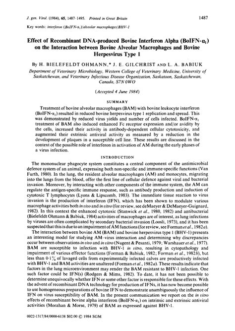 Pdf Effect Of Recombinant Dna Produced Bovine Interferon Alpha Boifn 1 On The Interaction