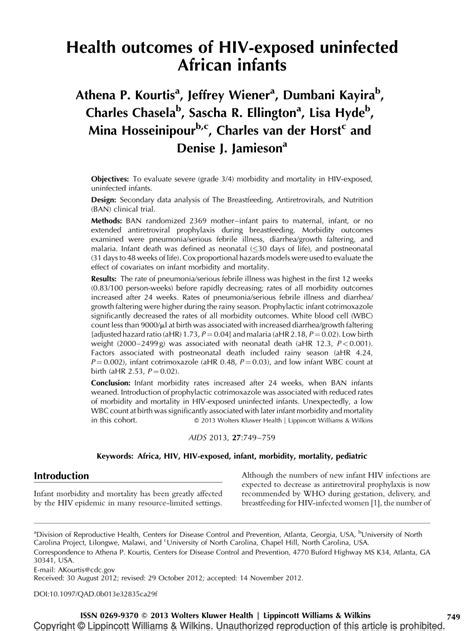 Pdf Health Outcomes Of Hiv Exposed Uninfected African Infants