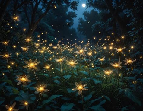 Fireflies Glowing Magical Night Garden Milky Way Under A Full Moon In The Forest Stock