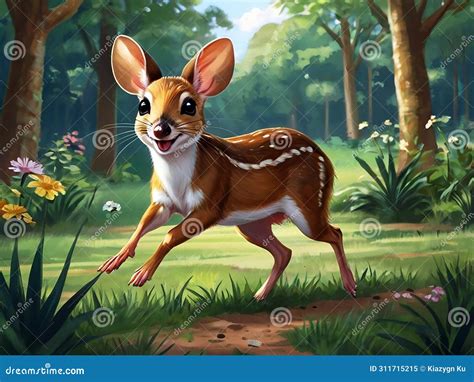 Jumping Happily Cute Mouse Deer Enjoying Free Time In The Park Stock