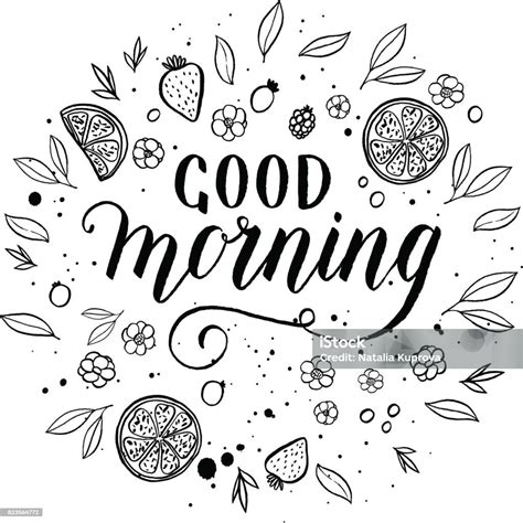 좋은 아침 인사말 카드 포스터 인쇄입니다 레터링 화 환 레몬 딸기 베리 꽃 차 잎을 손으로 배경 벡터 그래피티에 대한 스톡 벡터 아트 및 기타 이미지 Istock