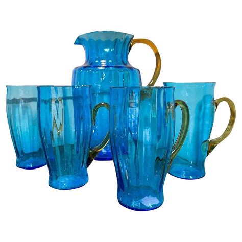 Fenton Glass Vaseline Rib Optic Pitcher And Tumblers Circa 1930 At