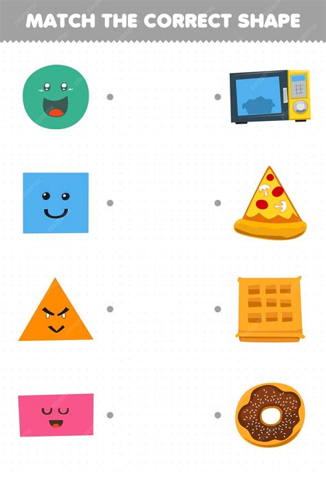어린이를 위한 교육 게임은 기하학적 개체 원형 도넛 사각형 와플 삼각형 피자 사각형 전자레인지 인쇄용 워크시트의 올바른 모양과 일치합니다 프리미엄 벡터