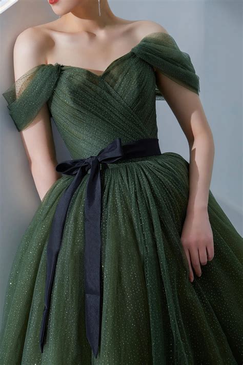 Beautiful A Line Green Tulle Long Prom Dress Off The Shoulder Evening