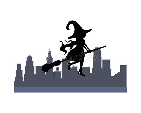 Halloween Witch Flying In Broom Silhouette On The City Stock Vector
