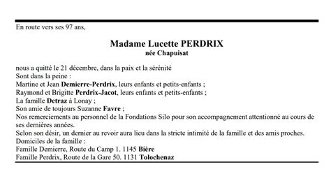 Madame Lucette Perdrix Pompes Funèbres Générales Sa Payerne