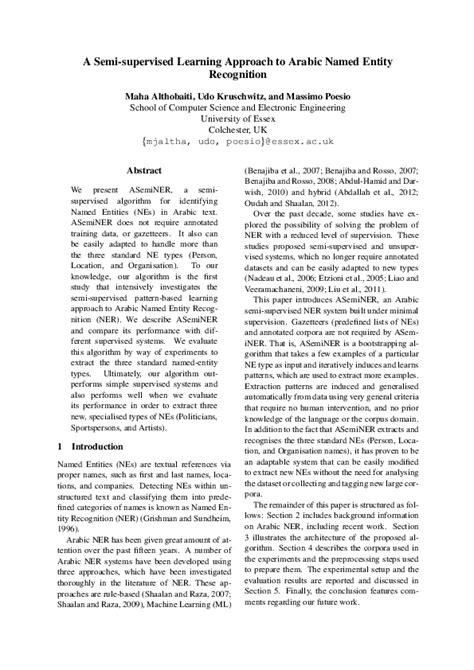 Pdf A Semi Supervised Learning Approach To Arabic Named Entity