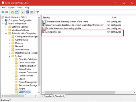 setting user profile size in windows 10