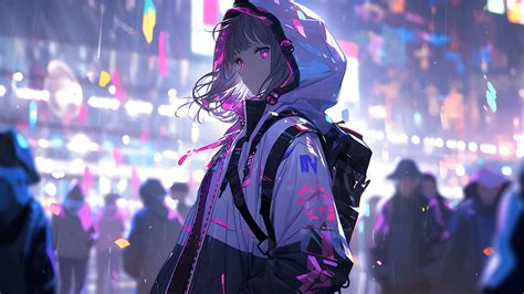 Download Cyberpunk Anime Girlin City Night Wallpaper