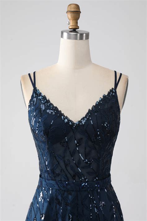 Zapakasa Women A Line Dark Navy Spaghetti Straps Long Prom Dress With Slit