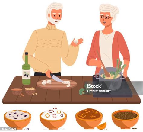 채식 재료를 사용하여 수프 나 죽을 준비하는 노인 부부 가족 요리 가사 집안일에 대한 스톡 벡터 아트 및 기타 이미지 가사