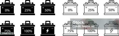 자동차 배터리 아이콘 Set 0 25 50 75 100의 에너지 전력 어큐뮬레이터 전기 자동 리튬 철 축전지 블랙 플랫 라인 스타일 투명한 배경에 자동차 충전 표지판 100