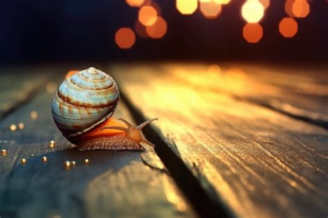 Premium Ai Image Snail Leaving Glistening Trail On Wooden Surface