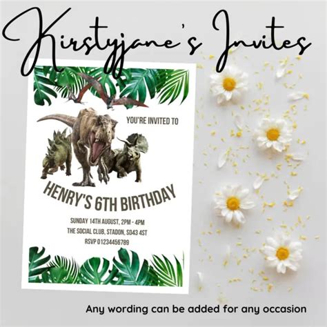 BIRTHDAY PARTY INVITATIONS Invites Personalised Boy Dinosaur Jurassic