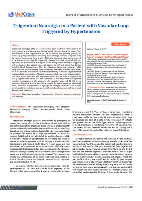 Pdf Trigeminal Neuralgia In A Patient With Vascular Loop Triggered By Hypertension