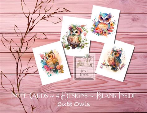 Watercolor Owl Note Cards Blank Inside Printable Etsy