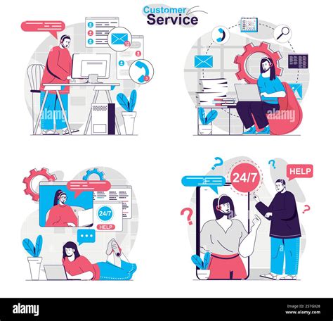 Customer Service Concept Set Operators Answer Calls And Messages Help