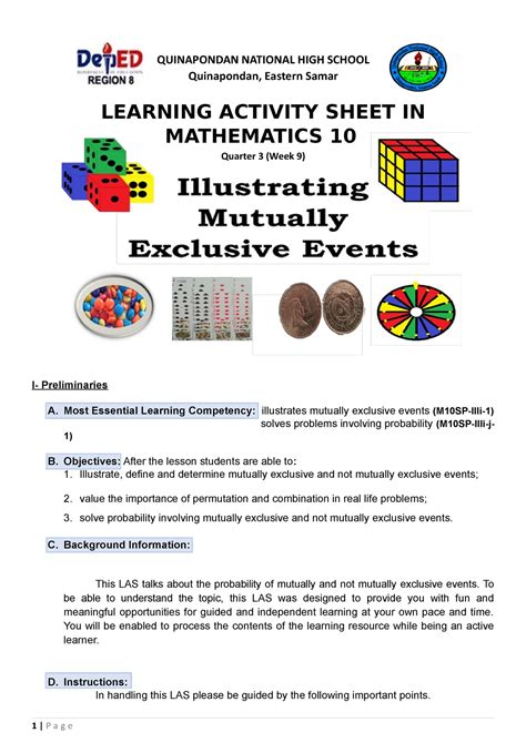 Las Week 9 Learning Activity Sheet For Mathematics 10 Quarter 3 Week