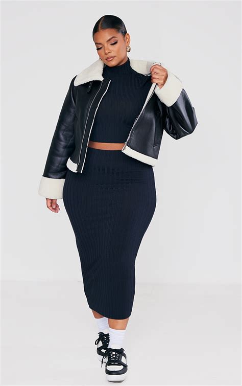 Plus Black Ribbed High Waist Midi Skirt Prettylittlething Aus