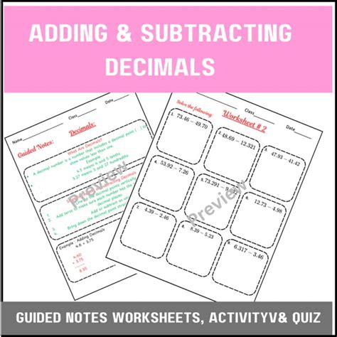 Adding And Subtracting Decimals Guided Notes Worksheets Quiz And Activity