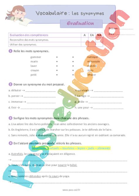 Les synonymes Évaluation de vocabulaire pour le ce Cycle PDF à imprimer