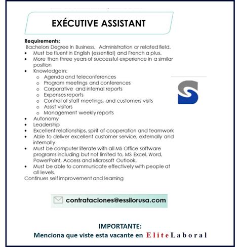 VACANTE EXECUTIVE ASSISTANT EliteLaboral