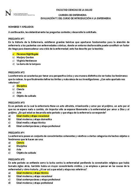 Examen T Introduccion A LA Enfermeria FACULTAD CIENCIAS DE LA SALUD CARRERA DE ENFERMERIA