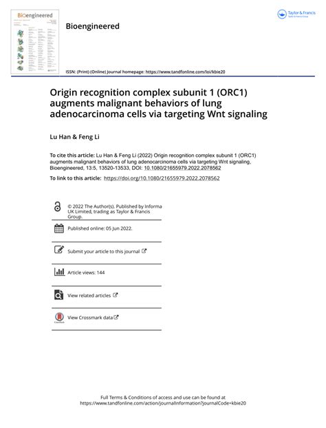 Pdf Origin Recognition Complex Subunit 1 Orc1 Augments Malignant