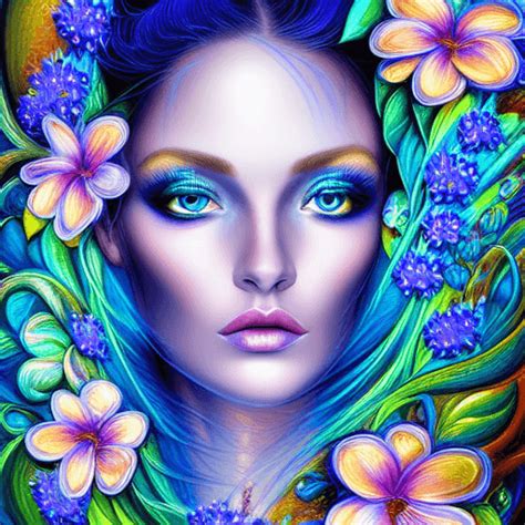 Stunning Woman With Blue Eyes Portrait With Flowers No Signature 3d Art
