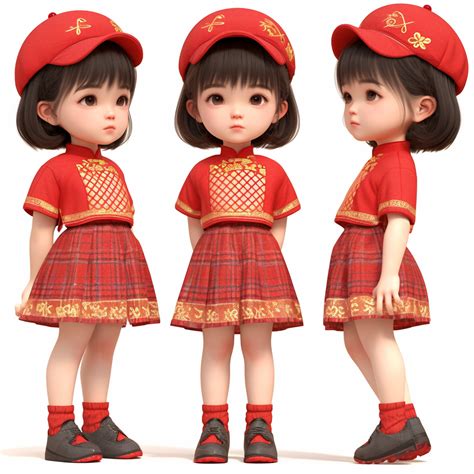 3d，三视图，即前视图、侧视图和后视图，保持一致性和统一，白色背景，可爱的中国新疆小女孩，戴着镶着标 Erni的文本出图 Midjourney模型作品