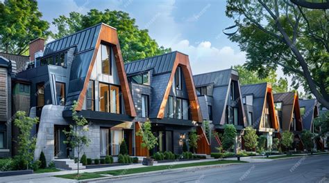Row Of Modern Houses With Triangular Shaped Windows On A Residential