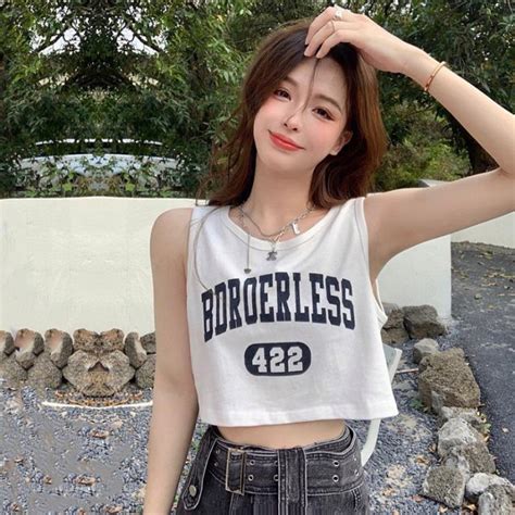 美式復古字母印花無袖t恤女夏外穿辣妹寬松短款高腰露臍背心上衣佳美優品 Yahoo奇摩拍賣