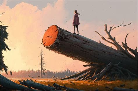 Viajante em pé sobre uma árvore caída na floresta ilustração de estilo de arte digital pintando