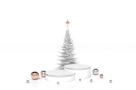 흰색 크리스마스 트리와 메탈릭 로즈 골드 흰색 배경 3d 렌더링에 연단 디스플레이 스탠드실버 장식 개체 그룹 3d 일러스트
