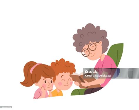 할머니의 벡터 평면 고립된 삽화는 안락의자에 앉아 손자와 손녀에게 책을 읽어주고 있다 가족에 대한 스톡 벡터 아트 및 기타