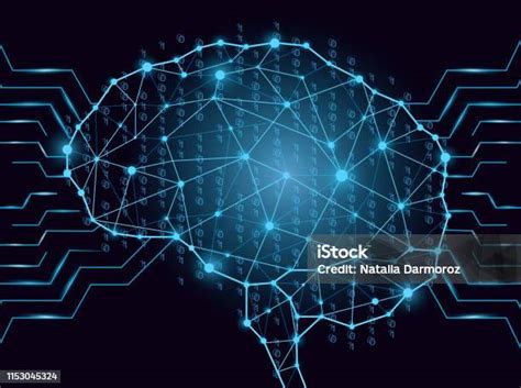 라인 삼각형 이진 숫자 및 점으로 구성 된 디지털 브레인 형태의 이진 코드 하이테크 스타일의 인공 지능 개념 벡터 일러스트 레이