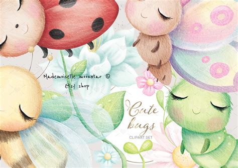 Cute Bugs Clipart Set Bee Ladybug Caterpillar Snail Etsy