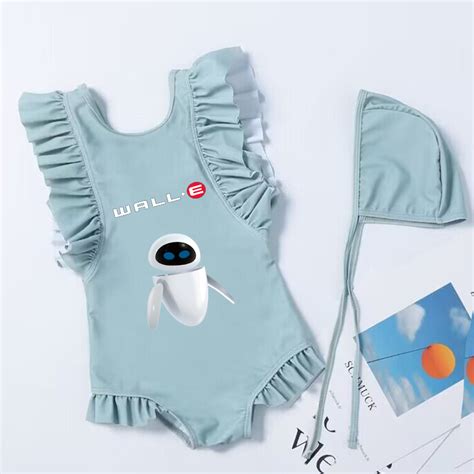 Wall E 로봇 만화 유아 수영복 원피스 어린이 수영복 어린이 소녀 목욕 세트 서핑 비치웨어 수영복