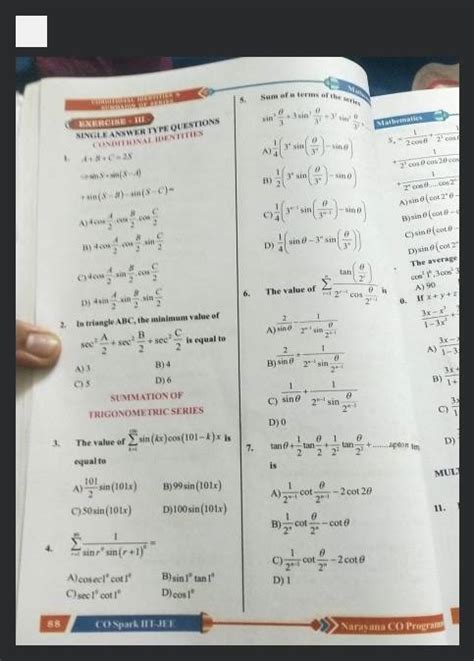 SUMMATION OF TRIGONOMETRIC SERIES 3 The Value Of K 1100 Sin Kx Cos 101