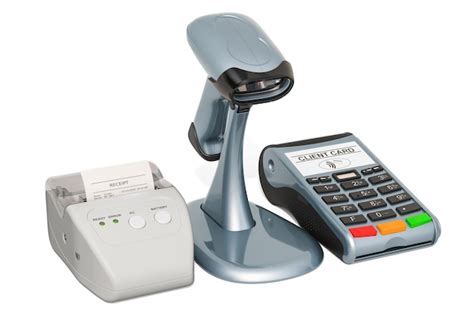 Premium Photo Receipt Printer And Barcode Reader With Posterminal 3d Rendering