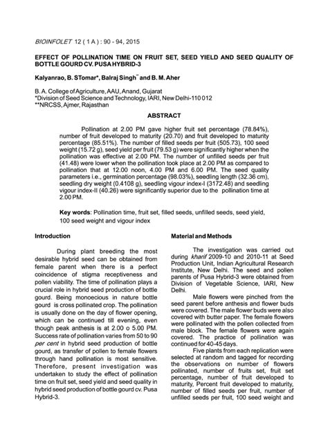 Pdf Effect Of Pollination Time On Fruit Set Seed Yield And Seed Quality Of Bottle Gourd Cv