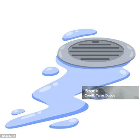 배관에서 배수 급수 시스템의 요소 푸른 웅덩이와 물 방울 목욕 과 샤워 세부 사항 플랫 만화 일러스트레이션 바닥에 싱크 홀 0