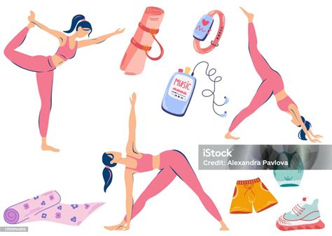 요가 수업 소녀들은 다른 포즈로 요가를합니다 스포츠 장비 체육관 액세서리 요가 매트 운동복 피트니스 팔찌 및 선수 운동 물건