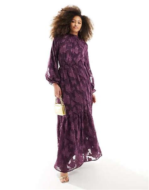 Asos Design Hochgeschlossenes Jacquard Maxikleid In Pflaumenlila Mit