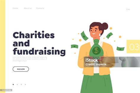 자선 단체 및 기금 모금 개념 돈 가방을 들고 행복한 미소를 짓는 행복한 여성과 함께 방문 페이지 가방에 대한 스톡 벡터 아트 및 기타 이미지 Istock