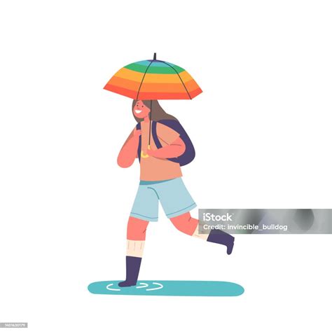 우산과 배낭이있는 고무 부츠의 어린이 캐릭터는 웅덩이로 걷습니다 비오는 날씨에 쾌활한 미소 짓는 아이 11월에 대한 스톡 벡터