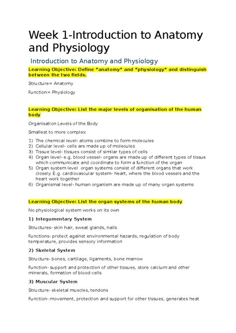 Week 1 Intro To Anatomy And Physiology Week 1 Introduction To