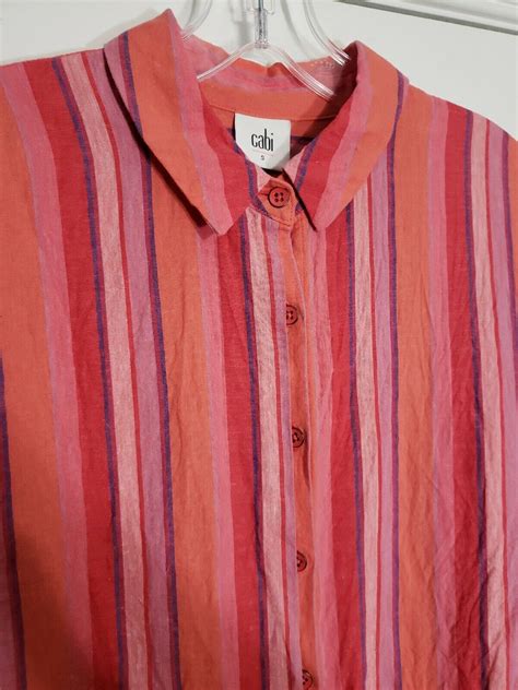 Cabi Tickled Pink Striped Linen Button Front Short Sl Gem