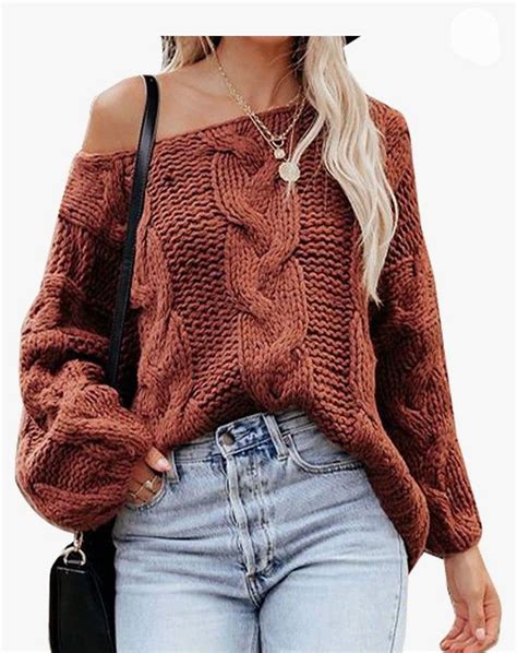 Womens Oversized Knit Crewneck Off Shoulder Long Sleeve Loose Solid