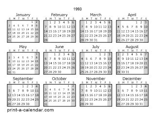 1993 One Page Yearly Calendar With Shaded Weekends